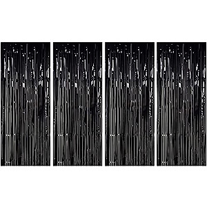 CapriValley 4 Packs 3.2ft x 6.6ft Black Fringe Curtain Foil Curtain Foil Backdrops Party Backdrops Decorations Tinsel Metallic Curtains