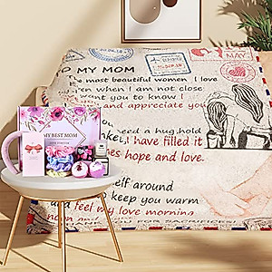 Gifts for Mom, Mothers Birthday Gifts Blanket 50 * 60 inch Basket for Mom Self Care Women Gift Box to My Mom from Daughter Son Includes Bath Balls Candle Soap Headband Hair Ties