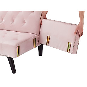 Modern Velvet Tufted Upholstered Futon Sofabed Living Room Loveseat Convertible Sleeper Couch Bed with Nailhead Decor and Drop-Down Cupholdes for Home Office Apartment