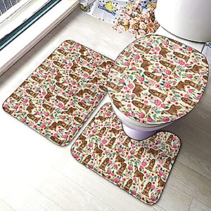 Cute Cocker Spaniel Dog Flower Floral 3D Print Bath Mat for Bathroom Rugs Sets 3 Piece，U-Shaped Contour Shower Mat Non Slip Absorbent ,Flannel Fabric Toilet Lid Cover Washable ,Doormat Antiskid Pad