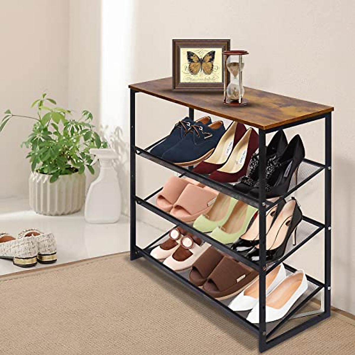 aboxoo 4-Tiers Shoes Rack Tilting Adjustable Freestanding Shoe Rack Large 9 Pairs 25.2 IN Storage Organization Brown Wood Metal For Entryways, Hallways, Closets, Dormitory Rooms, And Industries