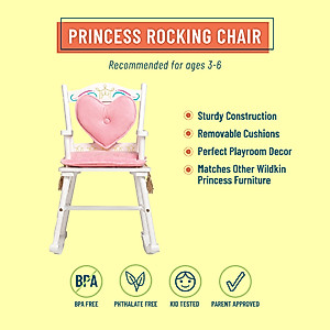 Wildkin Kids Princess Royal Rocking Chair for Girls, Perfect for Both Big & Little Kids, Includes Padded Backrest & Seat Cushion, Wooden Rocker Measures 23 x 16 x 28 Inches (White)