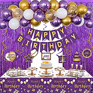 Birthday Decorations for Women girls, Purple Gold Birthday Decorations for Women with Bunting Banner, Fringe Curtains, Hanging Swirl,Tablecloth Balloons Arch Kit Engagement Anniversary Party Decor Suit