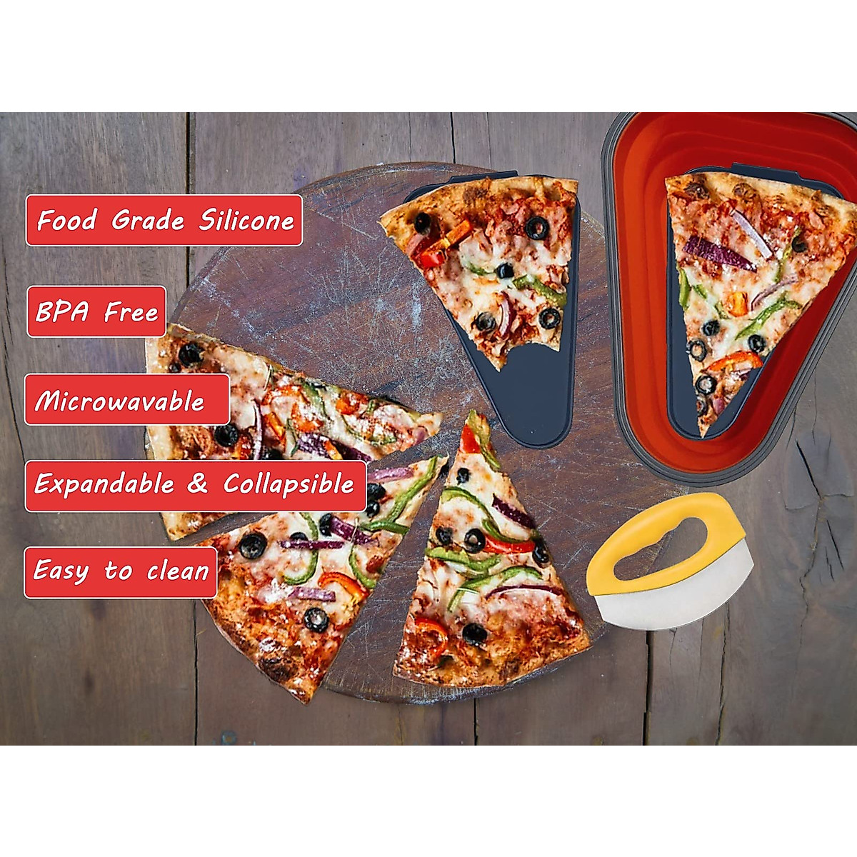 Pizza Storage Container Collapsible | Burguer Holder | With 5 Serving Trays | Improved | Pizza Slice Container | Silicone Collapsible Reusable Microwavable & Dishwasher Safe | Leftover Slice Container