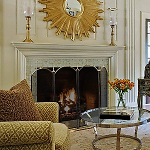 AMAGABELI GARDEN & HOME Decorative Gold Fireplace Screen 4 Panel Folding Ornate Wrought Iron Black Metal Fire Place Free Standing Gate Large Mesh Solid Steel Spark Guard Cover Outdoor Accessories