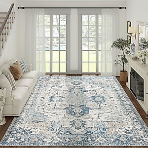 jinchan Area Rug 9x12 Washable Rug Indoor Vintage Rug Floor Cover Print Distressed Carpet Multi Thin Rug Chenille Blue Accent Rug Lightweight Non Slip Kitchen Living Room Bedroom Dining Room