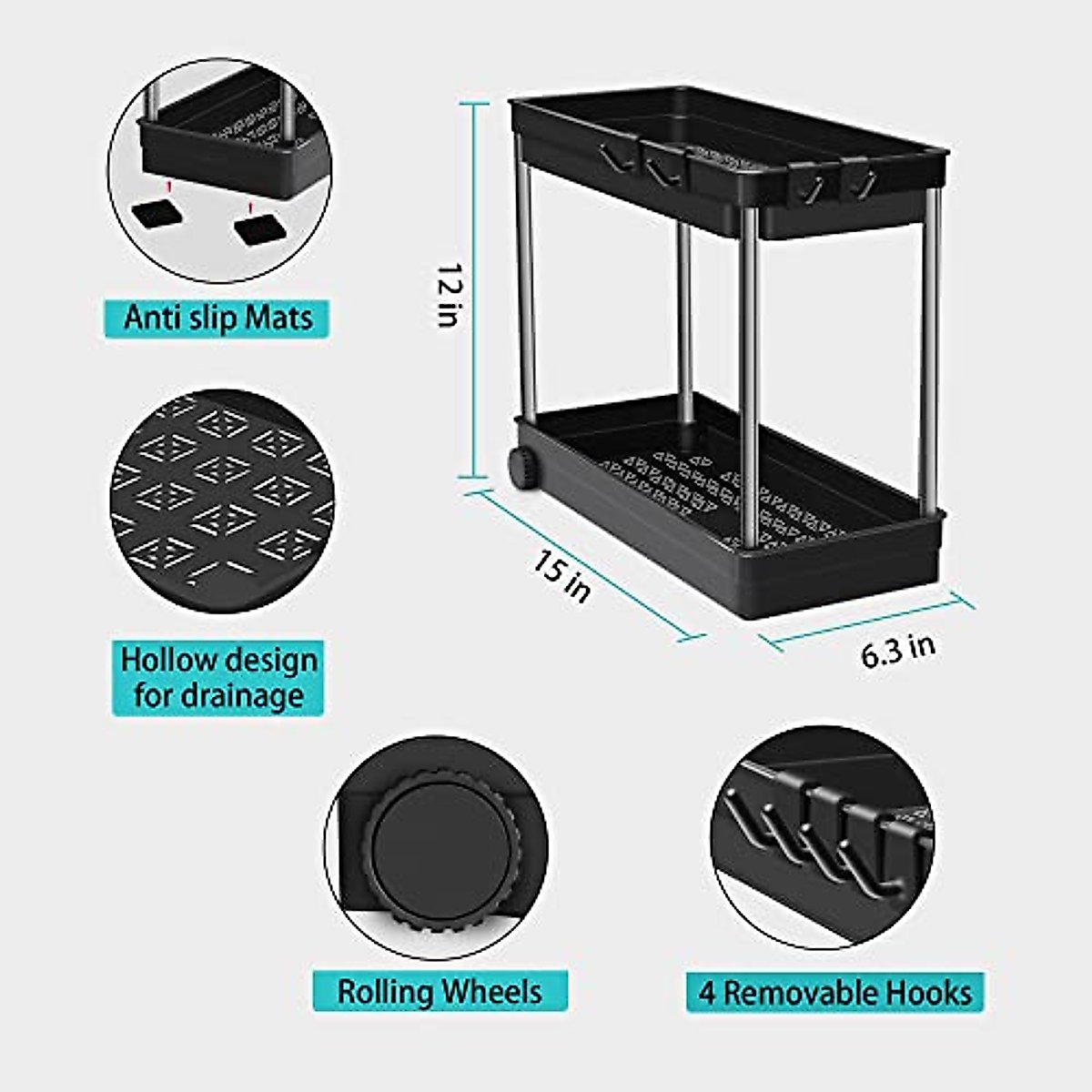 Durmmur [Upgrade Wheels] Under Sink Organizers and Storage, Slide Out Multi-Purpose 2 Tier Bathroom Organization Countertop or Undersink Shelf, Kitchen Under Cabinet Container Basket Caddy with Hooks