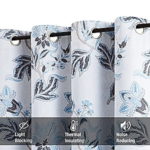Blue White Blackout Curtains for Bedroom Living Room 84inch Long Floral Vine Leaf Curtain Panels Triple Weave Thermal Insulated Curtain Drapes 50" W 2 Panels