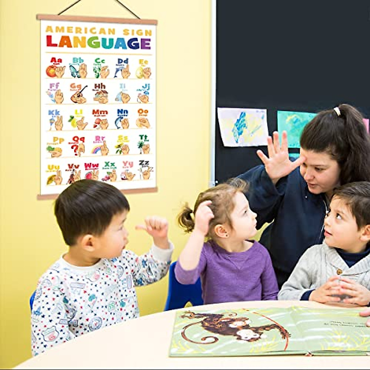 KAIRNE American Sign Language Poster with Wood Magnetic Hanger Framed(35CMx56CM),ASL Alphabet Wall Art Teaching Aid Alphabet Chart for Kids Playroom Classroom Decor