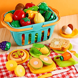JOYIN 68Pcs Cutting Play Food Toy for Toddlers Kitchen, Fake Food for Kids Play Kitchen, Includes Plastic Fruit &Vegetables, Storage Basket, Mini Dishes and Knife, Pretend Play Toys, Toddler Gifts