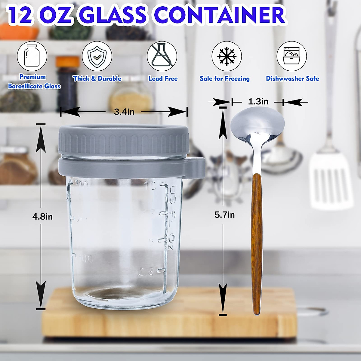 LEFIMOT Overnight Oats Containers with Lids, Spoons, 4 Pack Oats Jars 12 oz Reusable Large Capacity Airtight Oatmeal Container with Measurement Marks for Cereal Yogurt, Milk, Salads, Fruit(Grey)