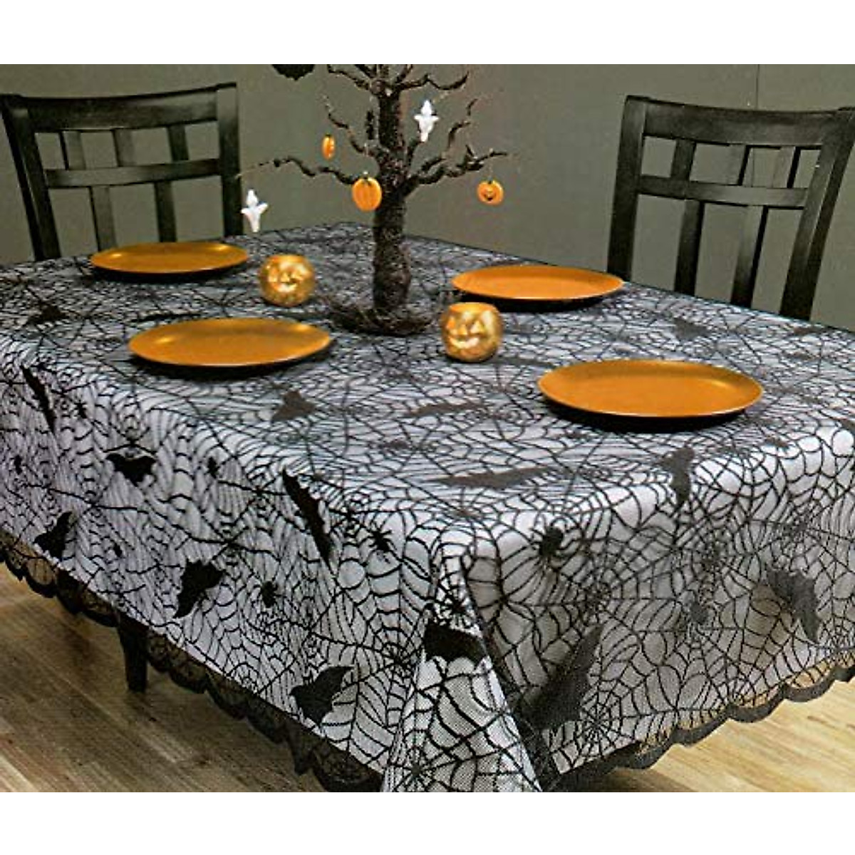 ibohr Halloween Tablecloth with Spiderweb & Bat Design Lace Rectangular Festival Table Cover Halloween Table Decorations for Parties & Gatherings, 100% Polyester, 60 X 84 Inch