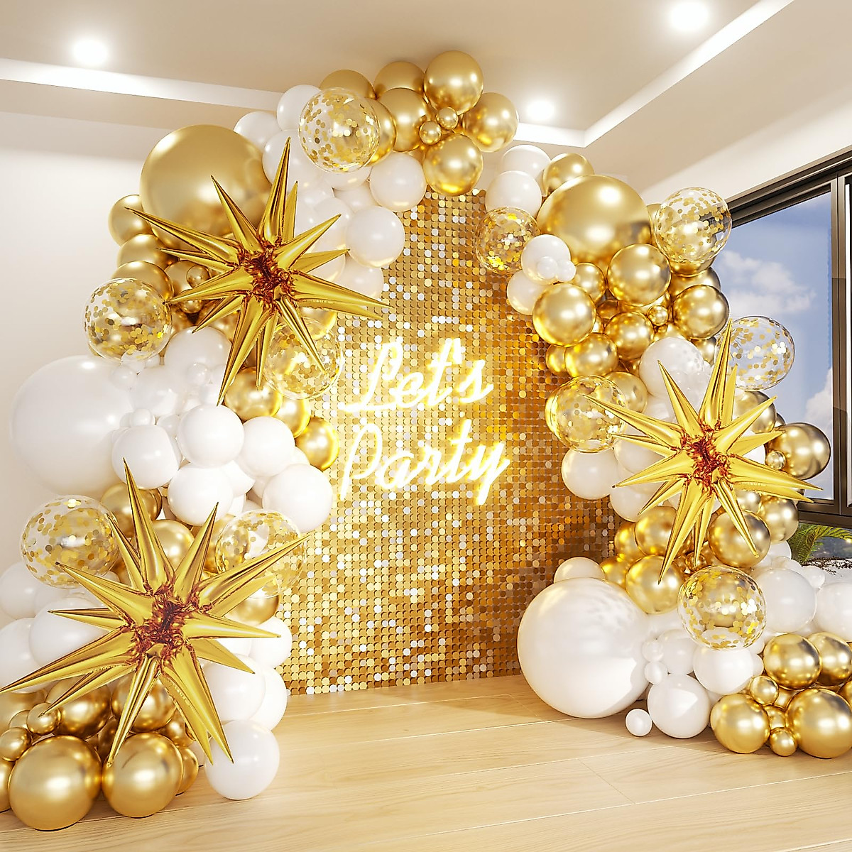 White and Gold Balloons Garland Arch Kit, 130Pcs White Metallic Gold Confetti Balloon with Star Foil Balloons for Birthday Wedding Engagements Graduation Baby Shower Anniversary Party Decorations