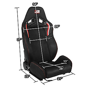 J2 Engineering J2-RS-003-BK Red Stitching Alcantara Reclinable Back Rest Racing Bucket Seats for 4 Point Harness, 38" H X 21" W X 23" D, 1 Pair
