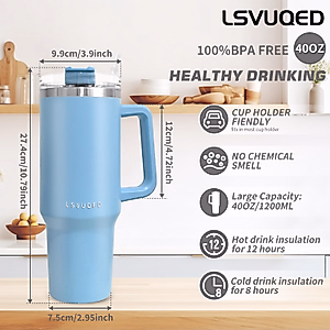 LSVUQED Tumbler Cups, 40 oz Tumbler with Handle and Straw Lid Insulated Reusable Stainless Steel Travel Mug Keeps Drinks Insulation up to 12 Hours.(Blue)