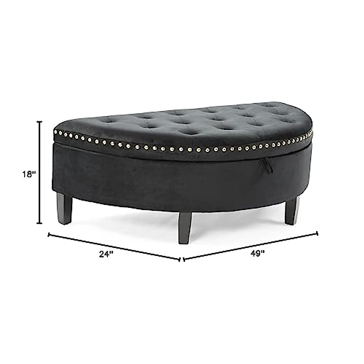 Iconic Home Jacqueline Half Moon Storage Ottoman Button Tufted Velvet Upholstered Gold Nailhead Trim Espresso Finished Wood Legs Bench Modern Transitional Black