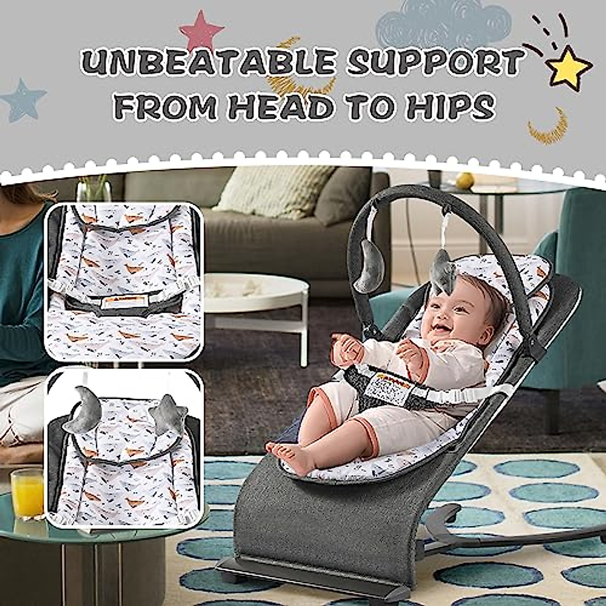 Bouncer for Babies 0-6 Months, Portable Bouncer for Baby,Baby Bouncers for Infants with 3-Point Harness Grey