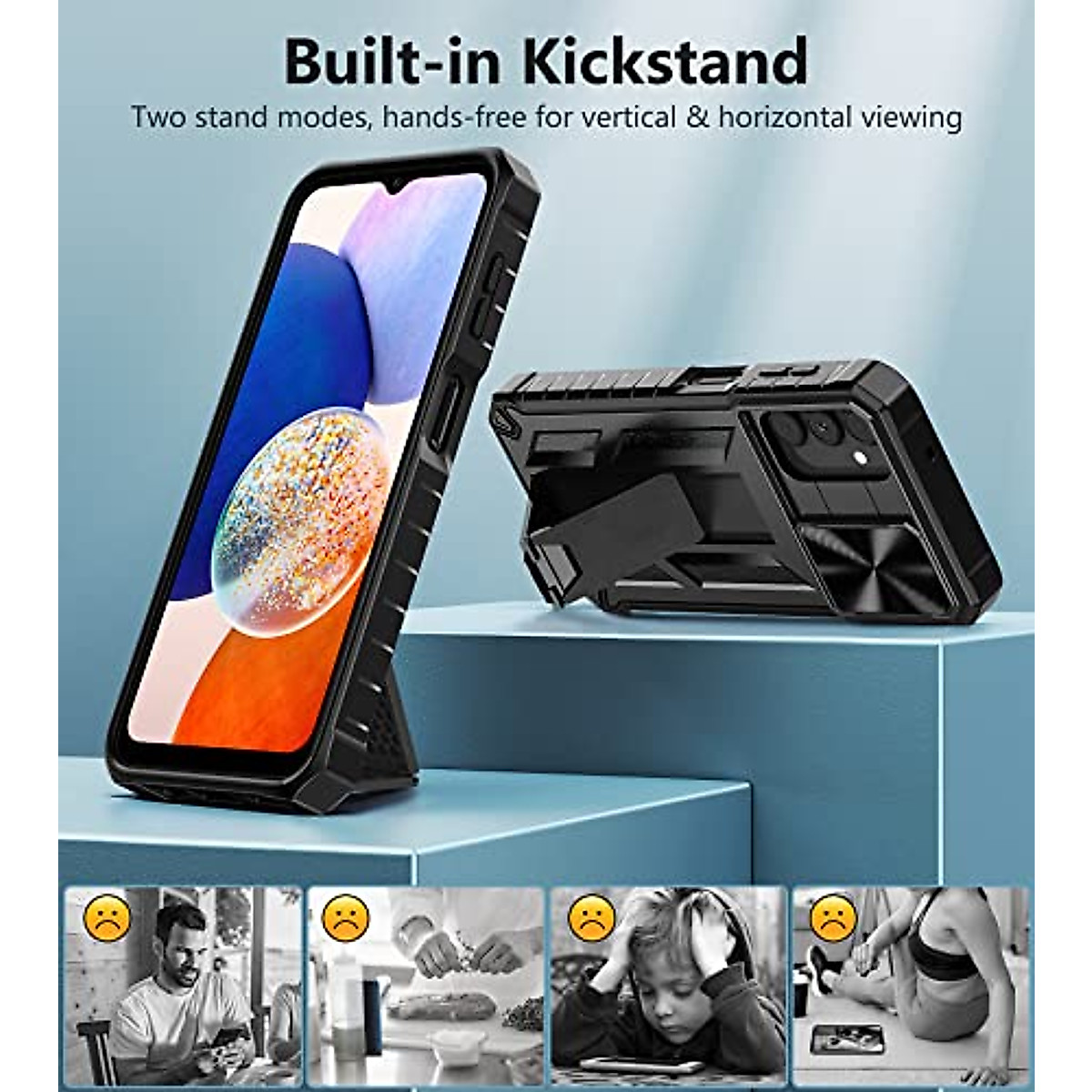 FNTCASE for Samsung Galaxy A14-5G Case: Protective Shockproof Rugged Military Grade Drop Protection A14 Cell Phone Mobile Cover with Kickstand | TPU Matte Textured Tough Hybrid Hard Cases - Black