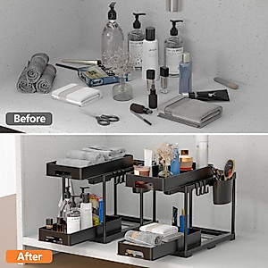 Warmodern 2 Pack Double Sliding Bathroom Cabinet Organizer, 2 Tier Under Sink Organizers And Storage, Bathroom Sink Organizer Baskets with 8 Hooks and 4 Hanging Cups, Under Sink Storage for Kitchen