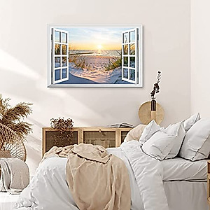 Woxfcart Window Beach Picture Canvas Wall Art Ocean Sunset Decor Yellow Natural Landscape with Framed 36x24