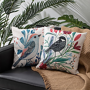 HOSTECCO Waterproof Throw Pillow Covers 4 Pack Outdoor Farmhouse Linen Cushion Covers Square Decorative Pillow Cases for Patio Garden, Bird 16x16 inches