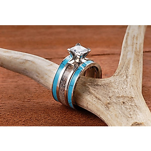 SHARDON Women’s Titanium Ring Set (3pcs) 5mm Genuine Antler Inlaid Cubic Zirconia Engagement Ring and 3mm Turquoise Inlaid Bands (8)