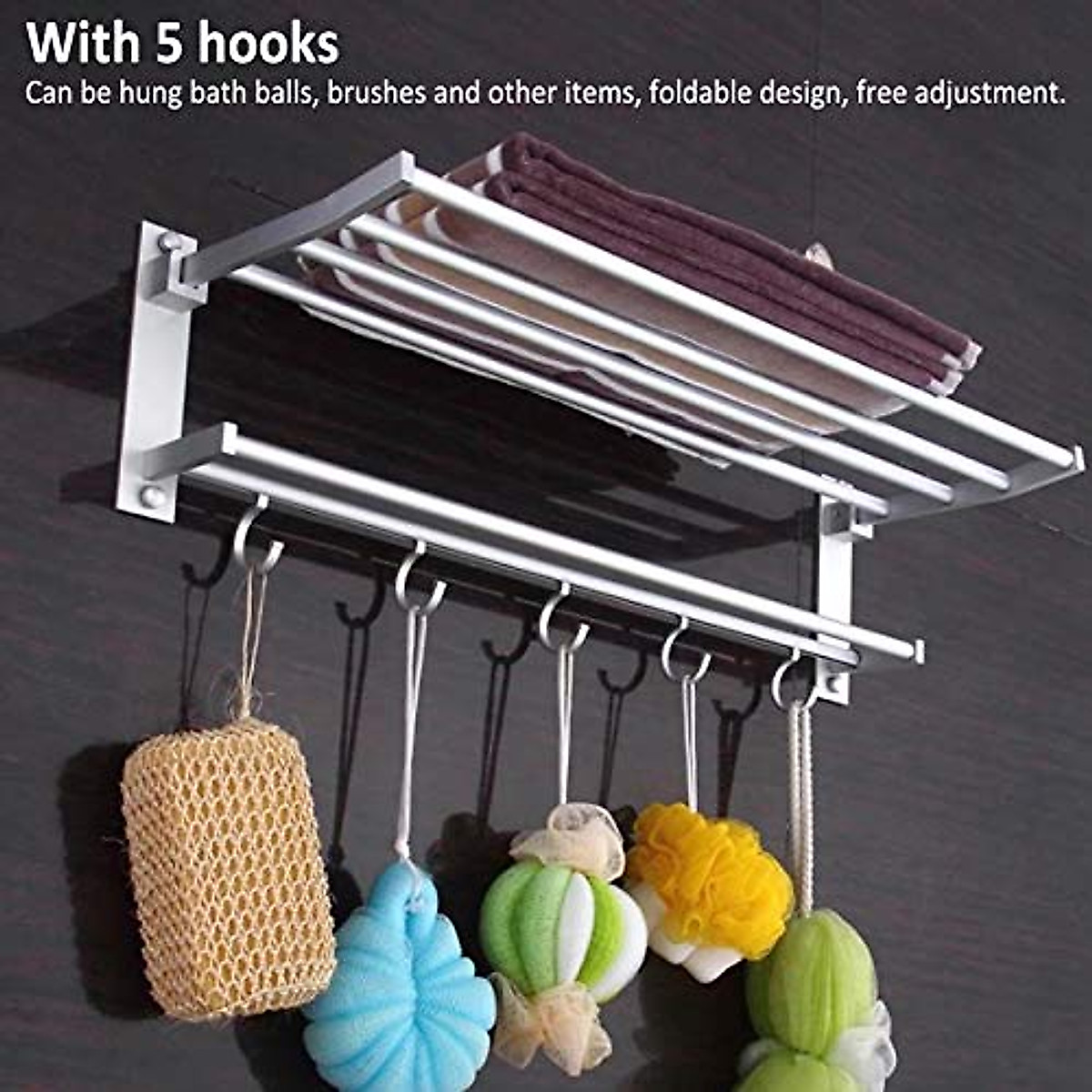 lesiega Towel Rack for Bathroom and Lavatory Double Towel Bar Holder with Hooks Wall Mounted Multifunctional Foldable 2-Tier Shelf Ideal for Kitchen Lavatory Bathroom, 15.7in