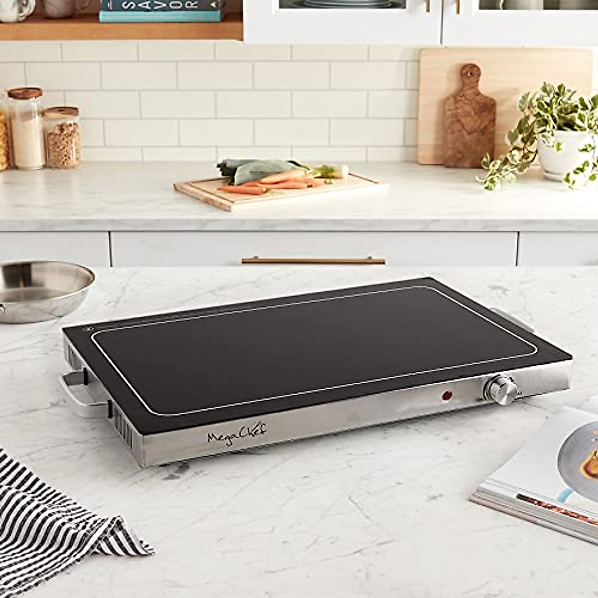 Megachef Electric Warming Tray with Adjustable Temperature Control, 24 in, Silver, Black