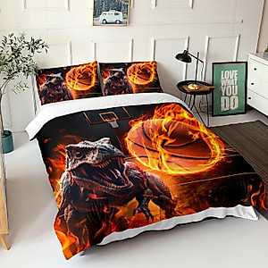 AILONEN 3D Basketball Duvet Cover Set Full Size, Fire Basketball Duvet Cover,3D Dragon Roar Bedding Set,Basketball Frames Comforter Cover,1 Quilt Cover and 2 Pillowcases,3 PCS