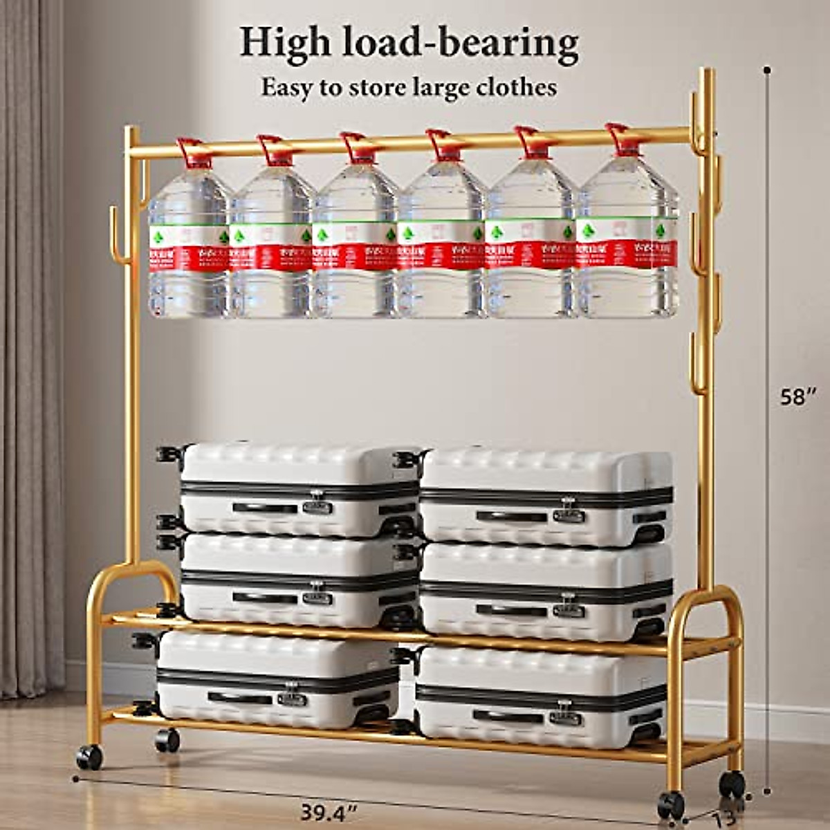 Thick forest Gold Clothes Rack Gold Clothing Rack Gold Garment Rack Rolling Organizer with Wheels Bottom Shelves Double Tiers for Multipurpose (Gold)
