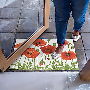 Lunarable Flower Doormat, Spring Wild Flower Poppy Ladybug Leaf Springtime Garden Nature Backyard Print, Decorative Polyester Floor Mat with Non-Skid Backing, 30" X 18", Orange Green