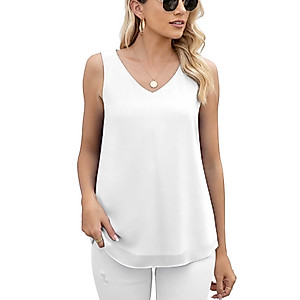 Jouica Women's White Chiffon Tank Summer Sleeveless Blouse Business Tank Flowy Tops for Women,White,Large
