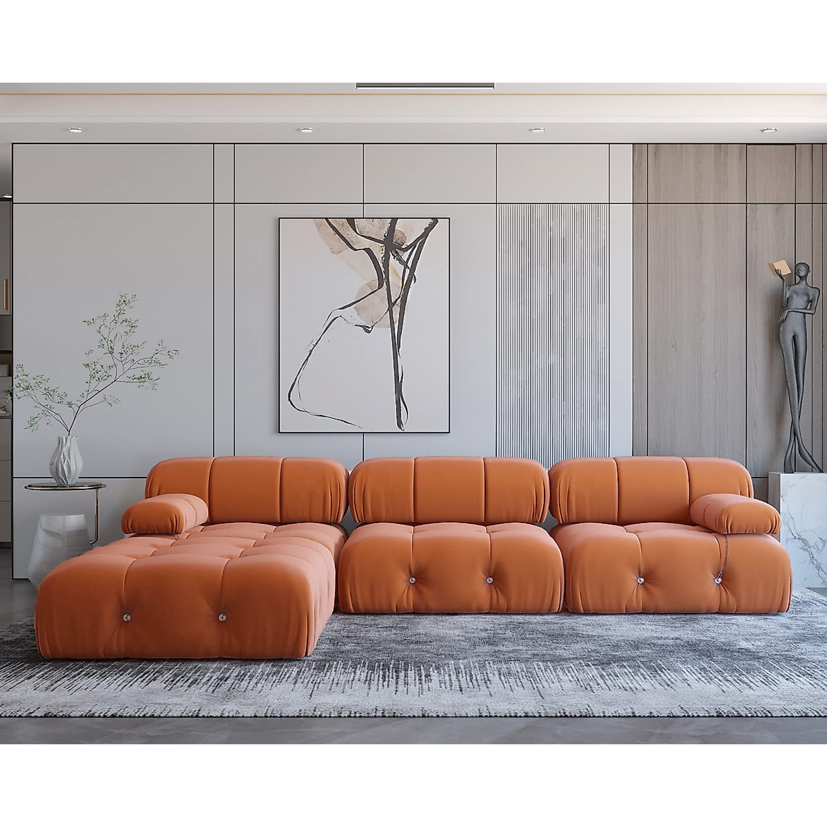 MGH Convertible Modular, Minimalist Couch with Ottomans, L-Shaped Velvet Sofas Couches, 4-Seat Sofa Couch Sectional with Reversible Chaise for Living Room (Orange)
