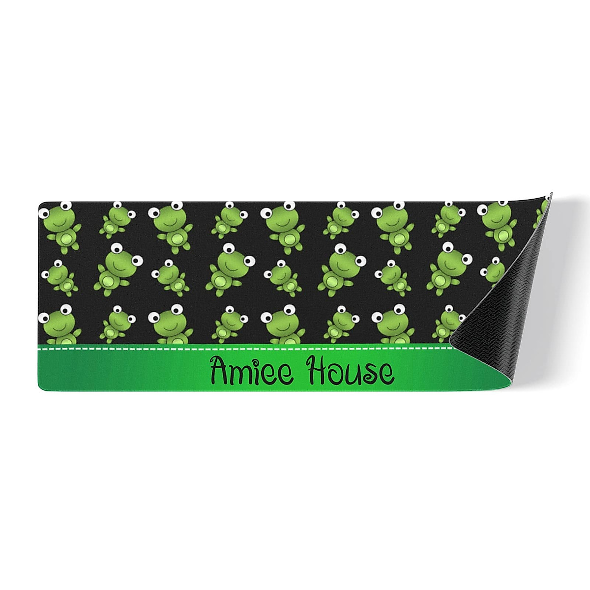 Green Frog on Black Personalized Kitchen Mat Rug,Custom Floor Door Mat Anti-Slip Rugs for Kitchen,Bathroom,Laundry,48x17Inch