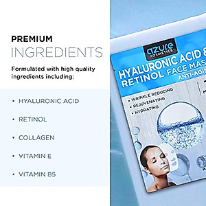 AZURE Hyaluronic Acid & Retinol Anti Aging Facial Mask - Dermatologist Tested - Rejuvenating & Hydrating Face Mask - Helps Reduce Fine Lines & Wrinkles, Smooths & Repairs - Korean Skin Care - 5 Pack