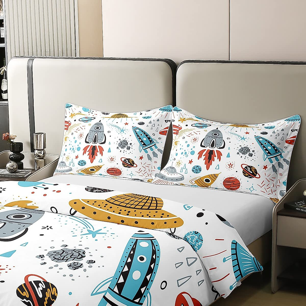 Erosebridal 100% Organic Cotton Outer Space Duvet Cover Full,Kids Boys Space Ship Rocket Bedding Set,Cartoon Universe Stars Planet Comforter Cover,Cosmos Meteorite Bed Sets with 2 Pillow Cases