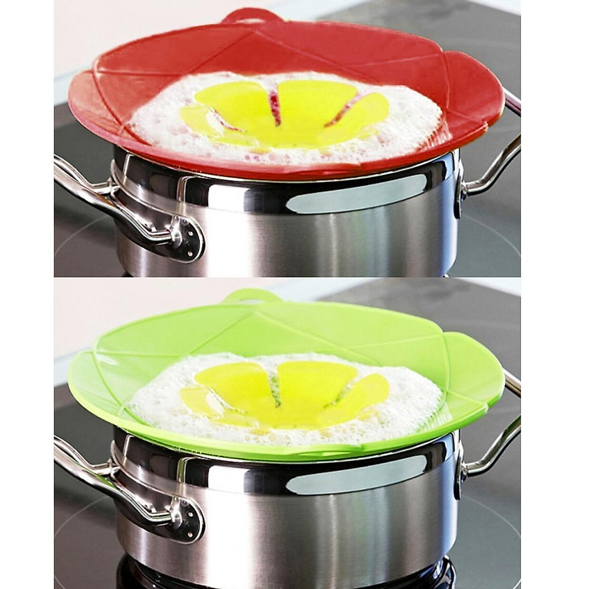 AUANDYU 2 X Spill Stopper Lid Cover And Spill Stopper, Boil Over Safeguard,Silicone Spill Stopper Pot Pan Lid Multi-Function Kitchen Tool (Green And Red)