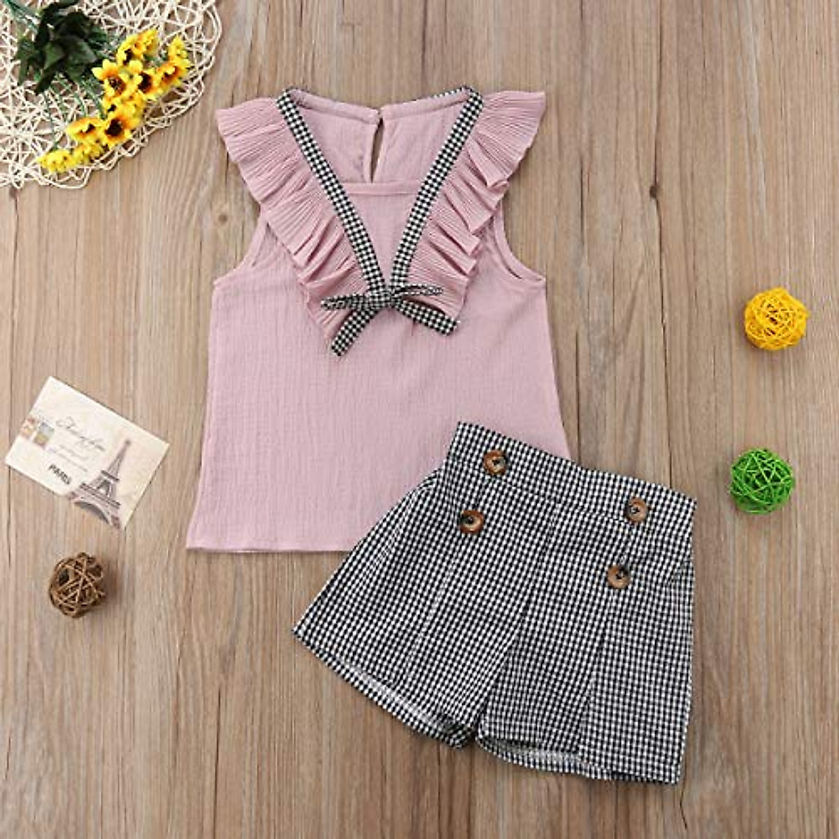 Mubineo Toddler Baby Girl Sleeveless Tops Plaid Button Summer Shorts Set Clothes Outfits (Pink, 7)