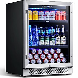 Yeego 24 Inch Beverage Refrigerator, 180 can Beer Fridge with Advanced Cooling System(34-54°F), Beverage Cooler Built-in or Freestanding for Drink Beer Soda Wine Water, Quiet Operation, Blue LED Light