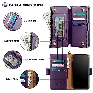 Antsturdy iPhone 13 Wallet case with Card Holder for Women Men,【RFID Blocking】 iPhone 13 Phone case PU Leather Flip Folio Shockproof Cover with Strap Zipper Credit Card Slots,(Purple)
