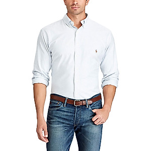 Polo Ralph Lauren Mens Classic Fit Oxford Longsleeve Buttondown Shirt (Blue White Stripe, Medium)