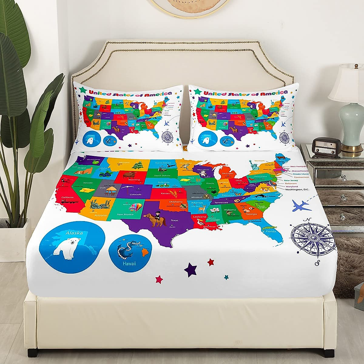 USA Political Map Fitted Sheet Federal States Map Bedding Set for Kids Boys Girls Science Popularization Bed Sheet Set Educational Bed Cover Full Size