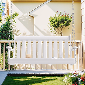 SUNLEI Patio Porch Swing, 2-Seated Bench Swing with Hanging Chains and Cozy Armrests, 45in Wooden Hanging Swing Chair for Outdoor Garden Courtyard, White