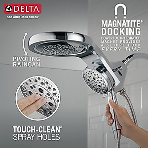 Delta Faucet HydroRain 5-Spray H2Okinetic Dual Shower Head with Handheld Spray, Chrome Shower Head with Hose, Handheld Shower Heads, Detachable Shower, 2.5 GPM Flow Rate, Lumicoat Chrome 58680-PR25