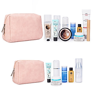 2 Pack Vegan Leather Makeup Bag Zipper Pouch Travel Cosmetic Organizer for Women (Large (Pack of 2), Orange Pink)