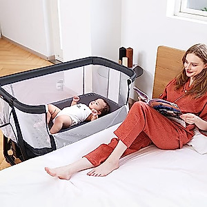 zebrater Baby Bassinet Bedside Sleeper with Storage Basket and Wheels,All Mesh Bedside Bassinet for Baby,7 Adjustable Height Portable Bedside Crib Co Sleeper for Newborn/Infant(3 in 1,Black)