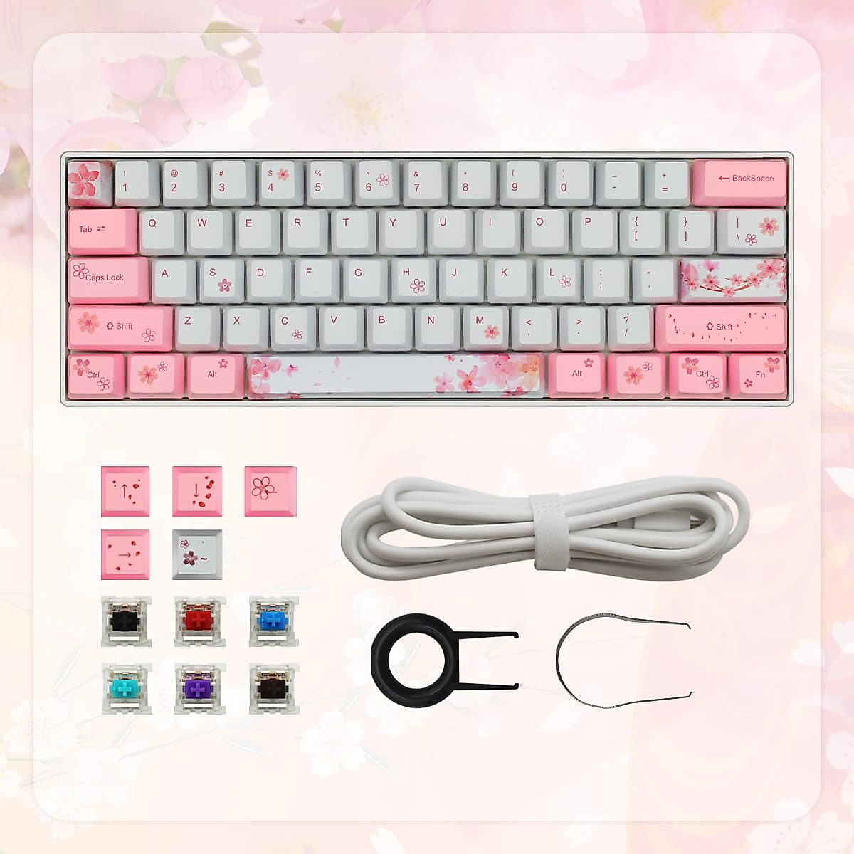 Manbala ZMX Cherry Blossom 61 Mechanical Keyboard,60%Compact Mechanical 61Keys 5.0Bluetooth/Type-C Wired Dual-Mode RGB Backlit Five-Sided Sublimation PBT Keycap Gaming Keyboard (Brown Switch, Pink)
