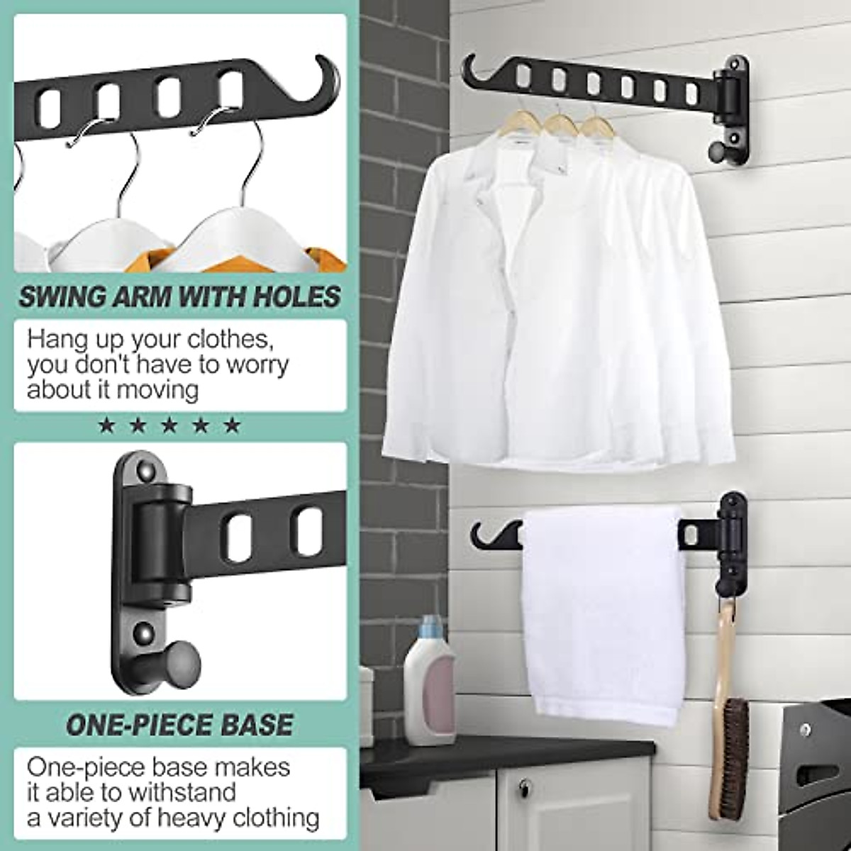 SKIKEN Wall Mounted Clothes Hanger with Swing Arm, Laundry Room Dryer Rack, Folding Valet Hook, Sturdy Hanging, Foldable 180°Rotation, Solid Aluminum (2-Pack, Black)