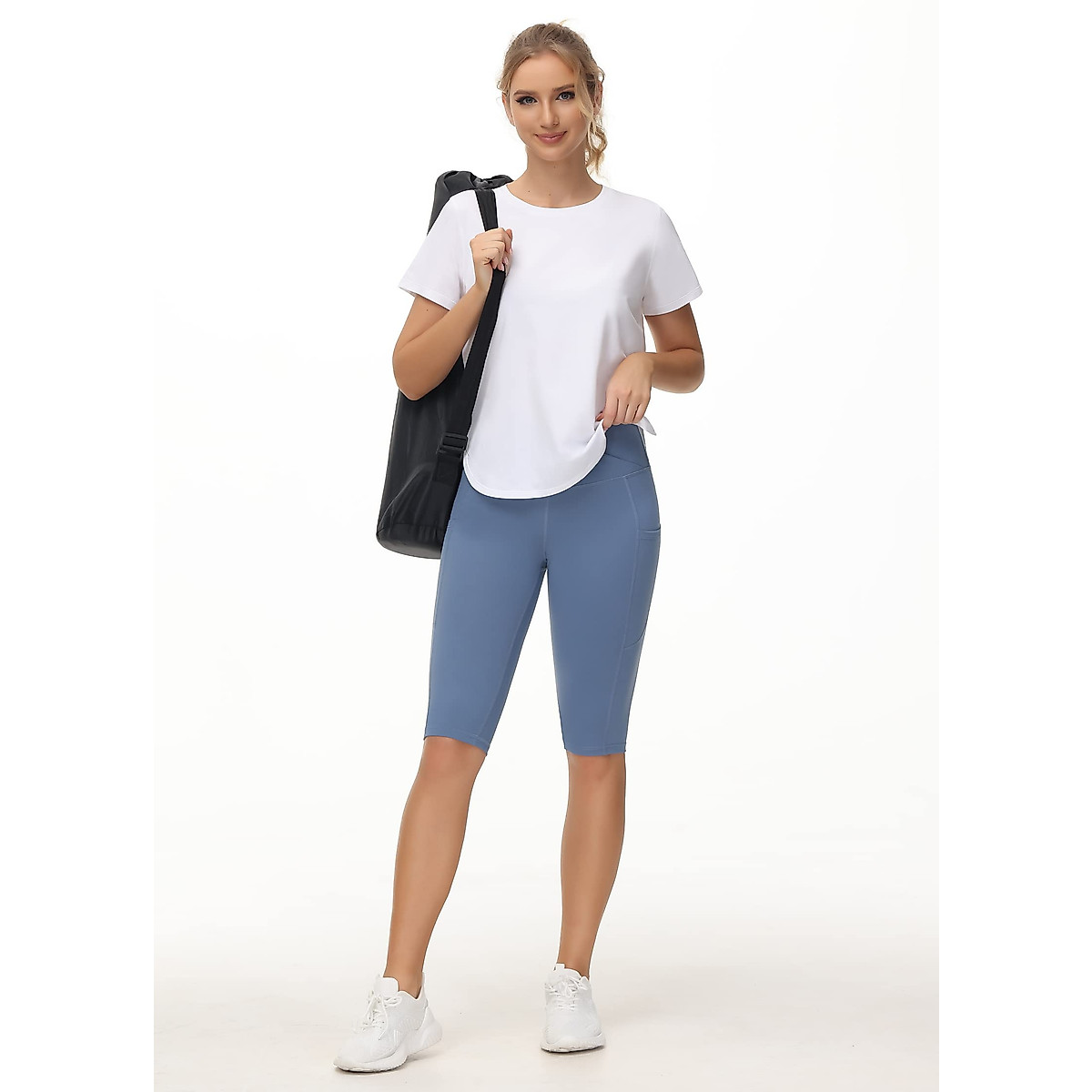 THE GYM PEOPLE Women's Workout T-Shirts Loose Fit Short Sleeve Cotton Running Basic Tee Tops with Split Hem White