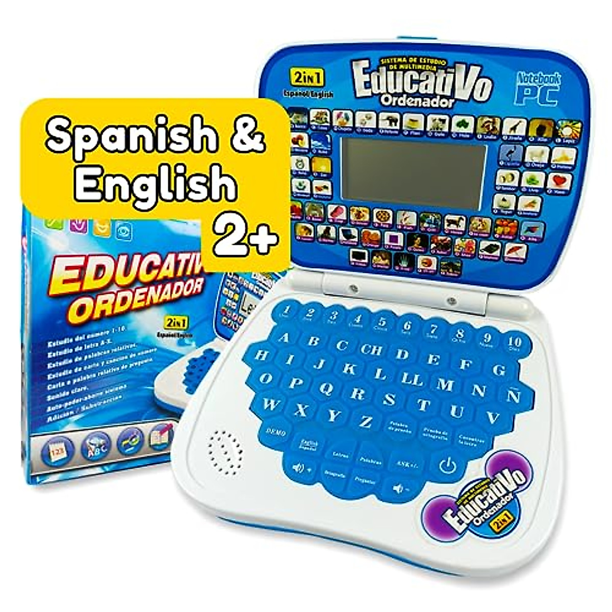 ZeenKind Bilingual Spanish English Learning Small Laptop Toy with Screen for Kids, Toddlers, Boys and Girls | Educational Computer to Learn Alphabet ABC, Numbers, Words, Spelling, Maths, Music.